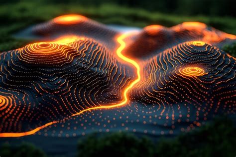 Minimalist Representation Of Glowing Neon Red And Green Topographic Lines Creating A Bold And