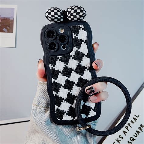 블랙 하운드체크 입체 리본 링 스트랩 아이폰 케이스 14 13 12 11