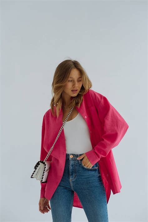 Hot Pink Linen Shirt For Women Oversized Natural Linen Top With Long