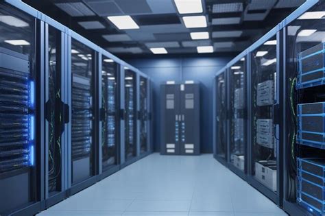 Data Server Racks Room With Big Data Computer Center Blue Corridor Interior Storage Hardware