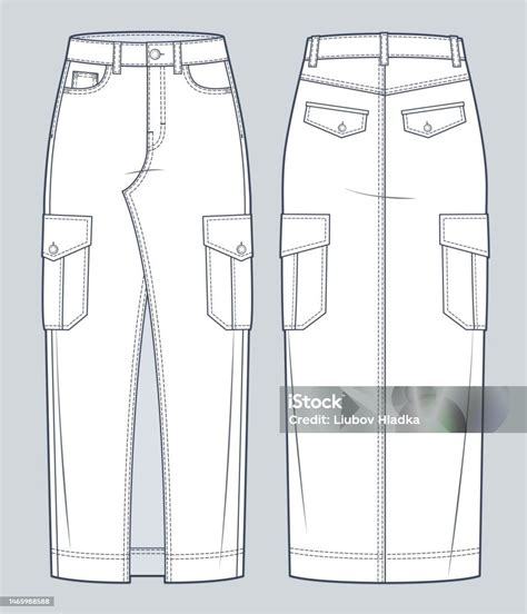 맥시 스커트 기술 패션 일러스트 데님 스커트 패션 플랫 기술 도면 템플릿 지퍼 업 포켓 전면 슬릿 전면 및 후면보기 화이트 여성 Cad 모형 0명에 대한 스톡 벡터 아트 및