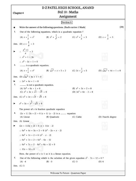 Class 10 Maths Ch 4 Assignmnet Solution Pdf