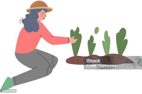 여성 농부 는 Plants에 대 한 돌보는 정원에서 일하는 여성 농업 노동자 정원사 캐릭터 에코 농업 개념 만화 스타일 벡터