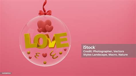 발렌타인 데이 빨간 리본에 매달려있는 투명 한 유리 공 분홍색 배경에 3d 텍스트 사랑 3d 렌더링 2월에 대한 스톡 사진 및 기타 이미지 Istock