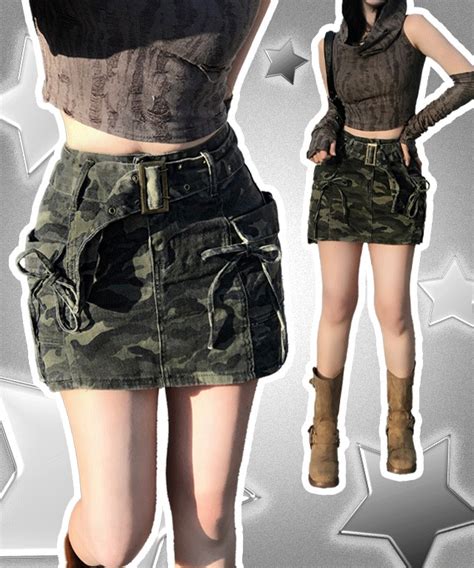 [최저가 벨트세트] Y2k 핏예술 카모 밀리터리 미니스커트 H라인 포켓 카고스커트 하비언니 키치 유니크 빈티지 숏 봄옷 여름 치마 리본 섹시글램 클럽룩 에이블리