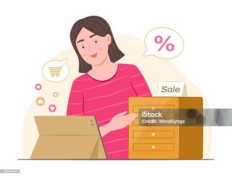 판매자 여자는 온라인 쇼핑 및 전자 상거래에 대 한 디지털 태블릿 장치에서 온라인 판매를 하고 개념 일러스트 레이 션을 수행 개체 그룹에 대한 스톡 벡터 아트 및 기타