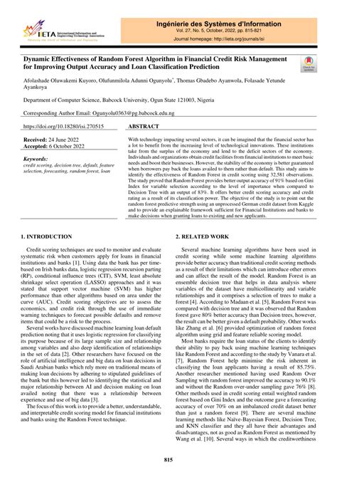 Pdf Dynamic Effectiveness Of Random Forest Algorithm In Financial Credit Risk Management For