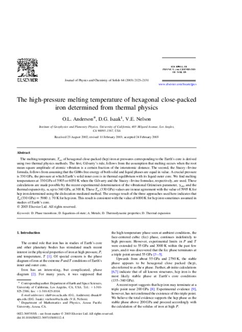 Pdf The High Pressure Melting Temperature Of Hexagonal Close Packed Iron Determined From
