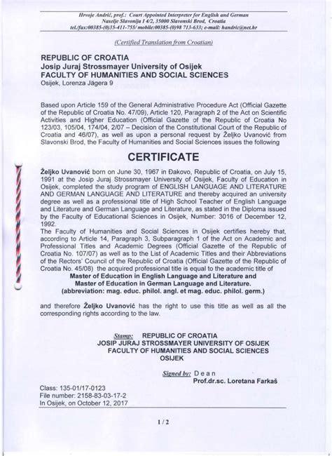 Certificate Of Equivalence To Master Of Education In English And German