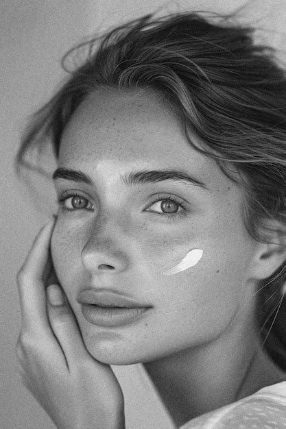 Black And White Photo Of A Beautiful Young Women Applying Cream On Face