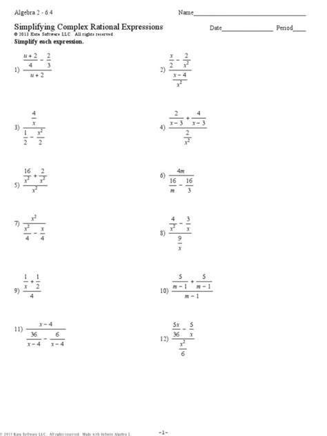 Simplifying Rational Expressions Worksheet Printable PDF Template