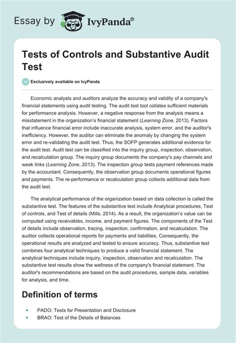 tests of controls and substantive audit test 552 words essay example