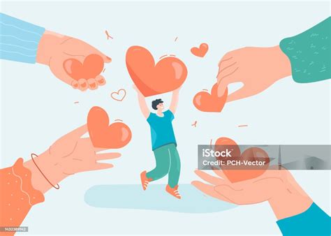 자선 프로젝트에서 도움을 받고 심장을 가진 작은 만화 남자 자선 및 구제 사업에 대한 스톡 벡터 아트 및 기타 이미지 자선 및 구제 사업 자원봉사 Charitable