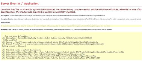 C Could Not Load File Or Assembly Systemidentitymodel Version4000 Or One Of Its