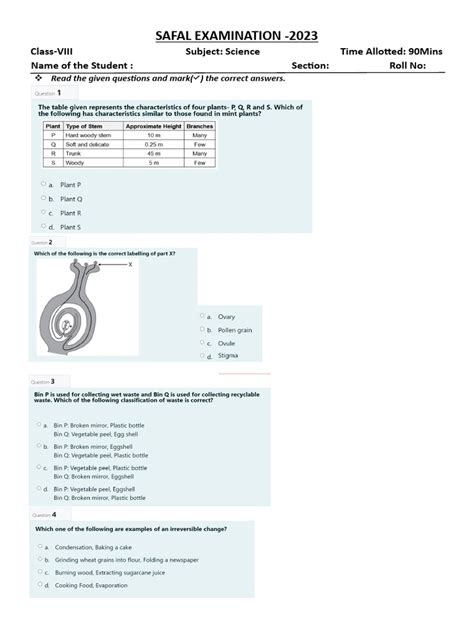 Viii Science Safal Exam 2023 Pdf
