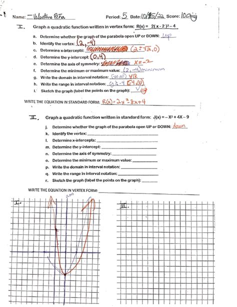 Quadfuncprob Writing Quadratic Functions In Vertex Form Standard