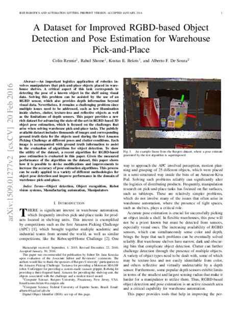 pdf a dataset for improved rgbd based object detection and pose estimation for warehouse pick