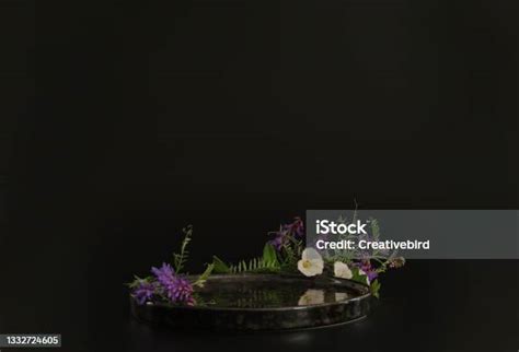 꽃과 검은 배경에 검은 연단 제품 화장품 프리젠 테이션연단 창조적 인 조롱 미용 제품을 위한 받침대 또는 플랫폼 0명에 대한