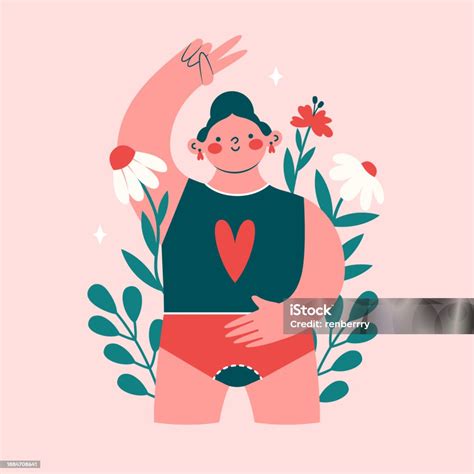 생리 중 여성이 손의 승리의 표시를 보여주고 있습니다 행복 쾌활한 여자 월경 식물 꽃 나뭇잎과 팬티를 입은 소녀 여성의 힘 개념 배너 카드 스티커를 위한 평평하고 현대적인