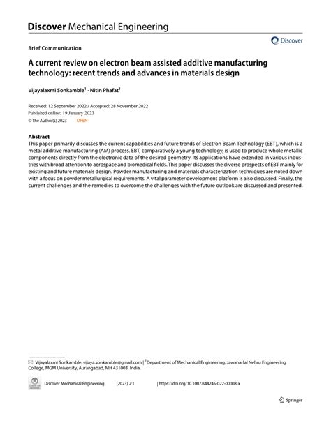 Pdf A Current Review On Electron Beam Assisted Additive Manufacturing Technology Recent