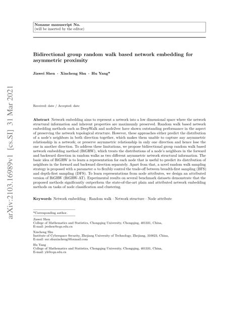 Pdf Bidirectional Group Random Walk Based Network Embedding For Asymmetric Proximity