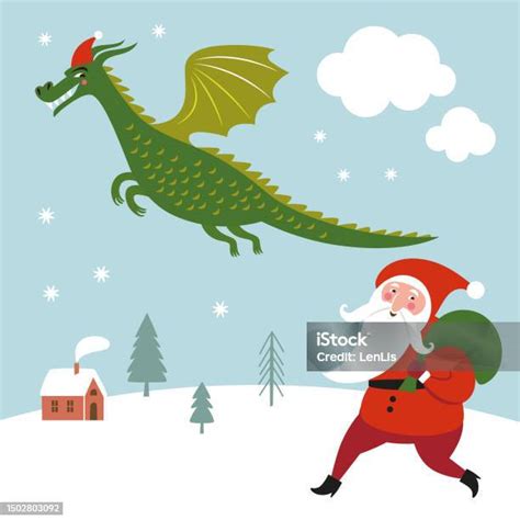 귀여운 비행 드래곤과 산타 크리스마스 그림입니다 동부 달력에 녹색 용의 새해입니다 인사말 카드 겨울에 대한 스톡 벡터 아트 및 기타 이미지 Istock
