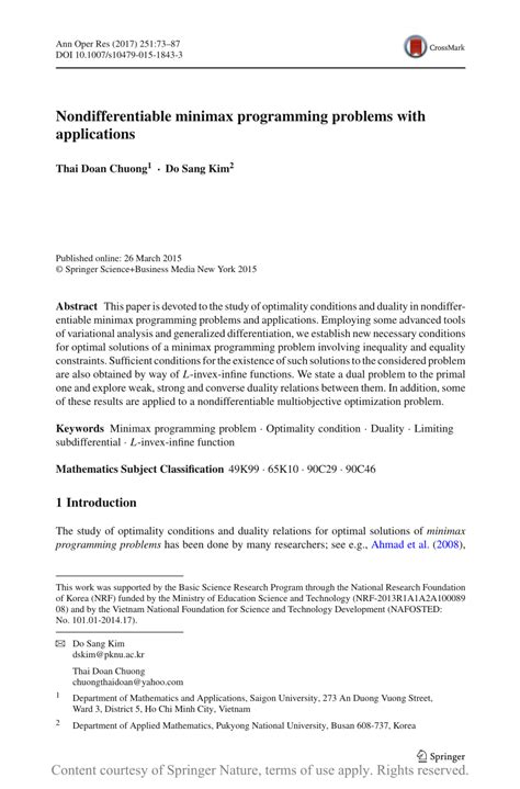 Nondifferentiable Minimax Programming Problems With Applications Request Pdf