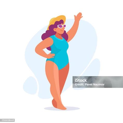 몸 긍정적인 행복하다 여자 캐릭터 와 쾌활한 미소 에서 수영복 와 모자 흔드는 손 벡터 일러스트 감정에 대한 스톡 벡터 아트 및 기타 이미지 Istock