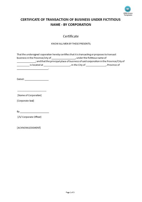 Fictitious Name Certificate Corporation Templates At