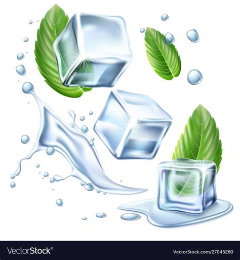 Realistic Ice Cubes With Green Mint Leaves And Water Drops Set Melting Ice Blocks For Fresh