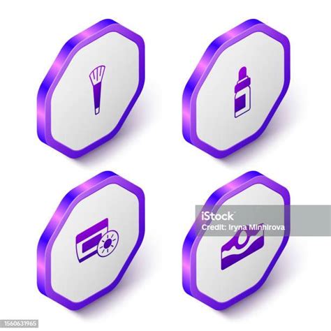 아이소메트릭 메이크업 브러쉬 에센셜 오일 병 튜브에 자외선 차단제 크림 여드름 아이콘을 설정합니다 보라색 육각형 버튼 벡터 3차원 형태에 대한 스톡 벡터 아트 및 기타