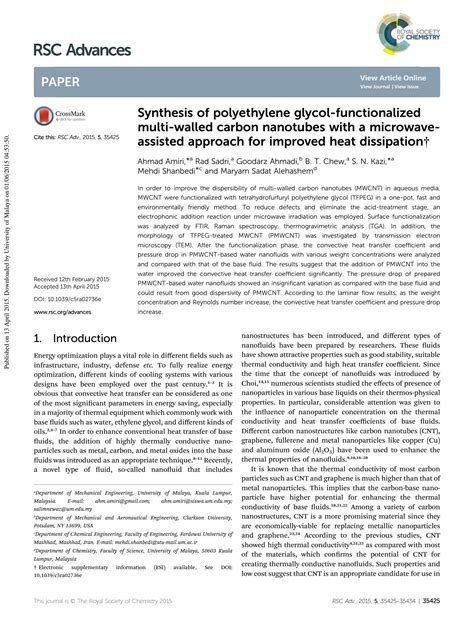 Solution 2015 363 Synthesis Of Polyethylene Glycol Functionalized Multi Walled Carbon Nanotubes