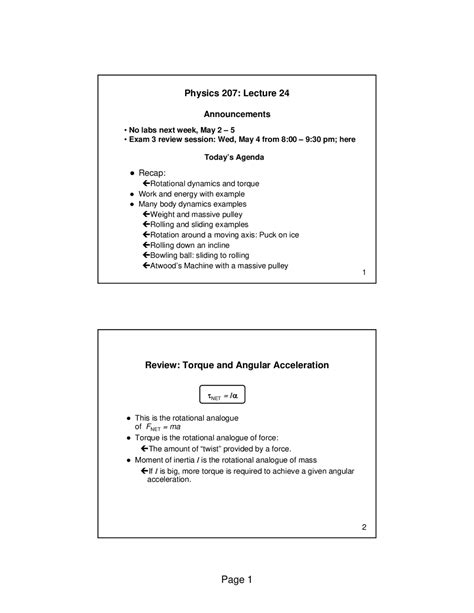 Torque And Angular Acceleration Fundamentals Of Physics I Slides Phys 207 Docsity