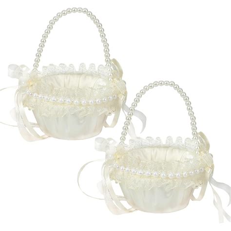3mo Finance Set Of 2 Ivory Flower Girl Baskets With Pearl Handle