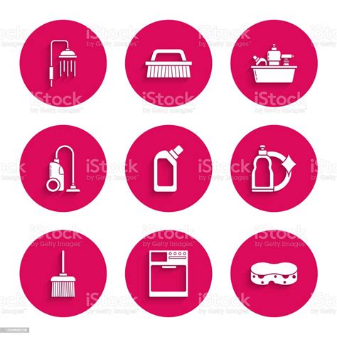 액체 식기 세척 액 와셔 스폰지 손잡이 빗자루 진공 청소기 및 샤워 헤드에 물 방울이 흐르는 아이콘으로 플라스틱 병을 설정합니다 벡터 가사 집안일에 대한 스톡 벡터 아트 및