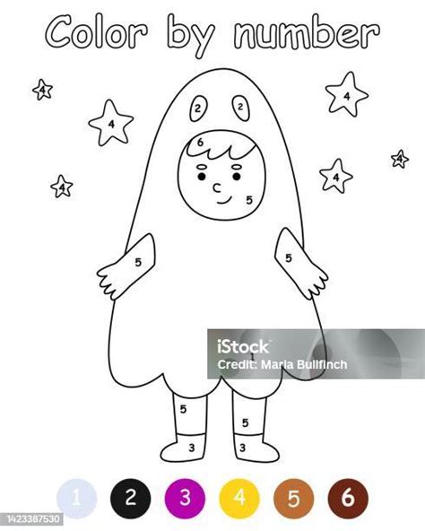 아이들을위한 숫자 게임으로 색상 의상 유령을 입은 아이들 할로윈 파티 학교 및 유치원을위한 솔루션이있는 인쇄 가능한 워크 시트 학습 번호 활동 가공의 인물에 대한 스톡 벡터