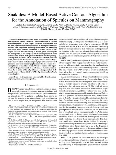 Pdf Snakules A Model Based Active Contour Algorithm For The Annotation Of Spicules On Mammography