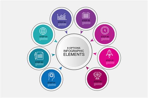 8가지 옵션 부품 단계 타임라인 또는 프로세스 서클 라운드 컨셉으로 비즈니스 데이터를 위한 인포그래픽 디자인 요소 8에 대한 스톡 벡터 아트 및 기타 이미지 Istock