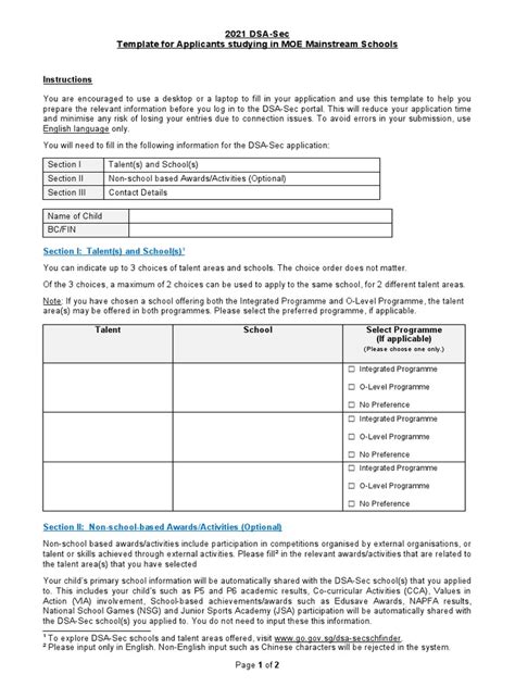 2021 Dsa Sec Template For Applicants Studying In Moe Mainstream Schools