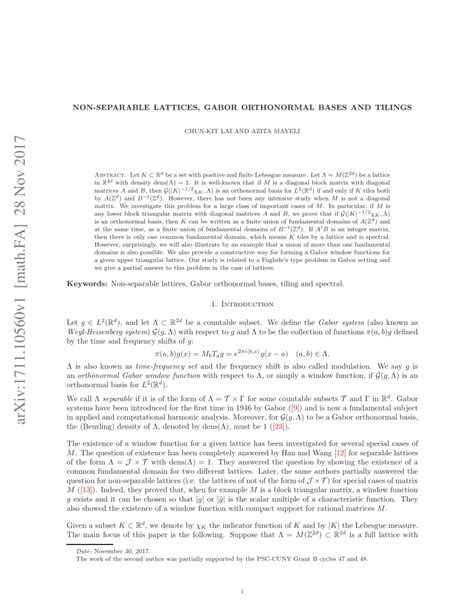 Pdf Non Separable Lattices Gabor Orthonormal Bases And Tilings