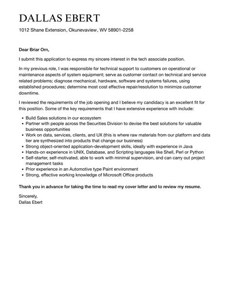 Tech Associate Cover Letter Velvet Jobs