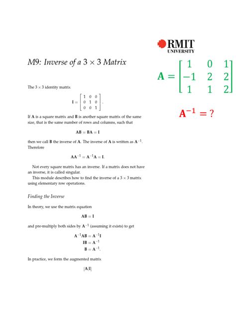 M9 Inverse Of A 3x3 Matrix Pdf Linear Algebra Mathematics