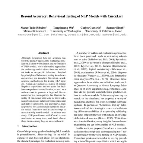 Beyond Accuracy Behavioral Testing Of Nlp Models With Checklist Acl