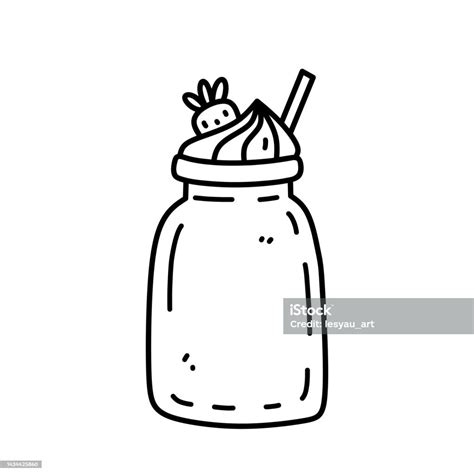 흰색 배경에 분리 된 휘핑 크림을 함유 한 딸기 밀크 셰이크 낙서 스타일의 벡터 손으로 그린 일러스트레이션 카드 로고 장식 메뉴 다양한 디자인에 적합합니다 스무디에 대한