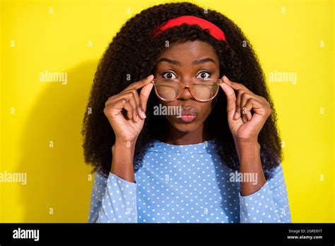 Photo Portrait Of Curly Girl Wearing Headband Glasses Sending Air Kiss