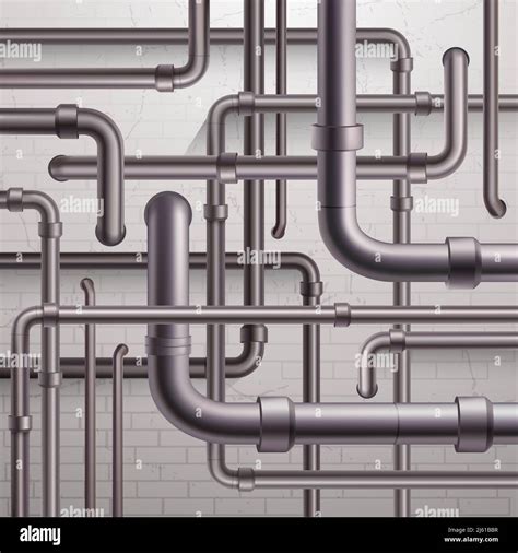 Seamless Industrial Pipeline Pattern On Light Grey Brick Wall