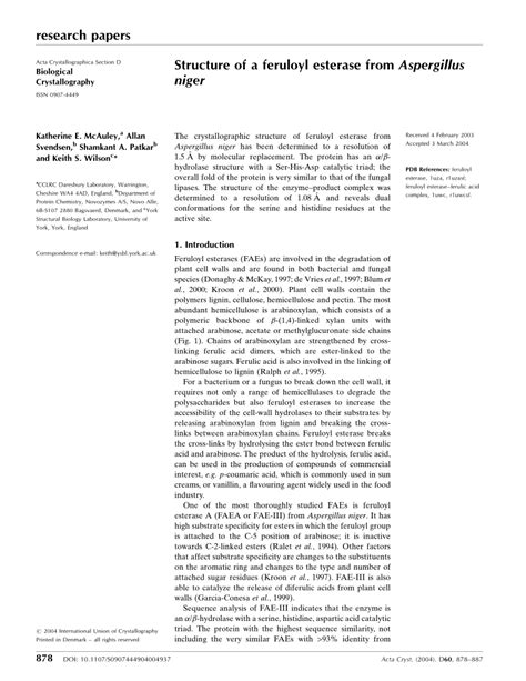 Pdf Structure Of A Feruloyl Esterase From Aspergillus Niger