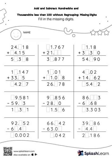 Add And Subtract Hundredths And Thousandths Less Than 100 Without Regrouping Missing Digits