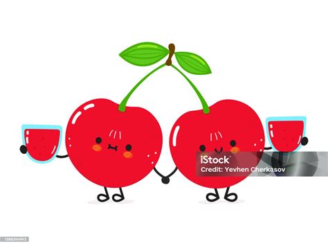 주스 한 잔귀여운 체리 벡터 핸드 그린 낙서 스타일 만화 캐릭터 일러스트 아이콘 디자인 귀여운 행복한 체리와 카드 0명에 대한 스톡 벡터 아트 및 기타 이미지 Istock
