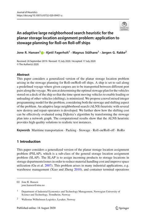 Pdf An Adaptive Large Neighborhood Search Heuristic For The Planar Storage Location Assignment